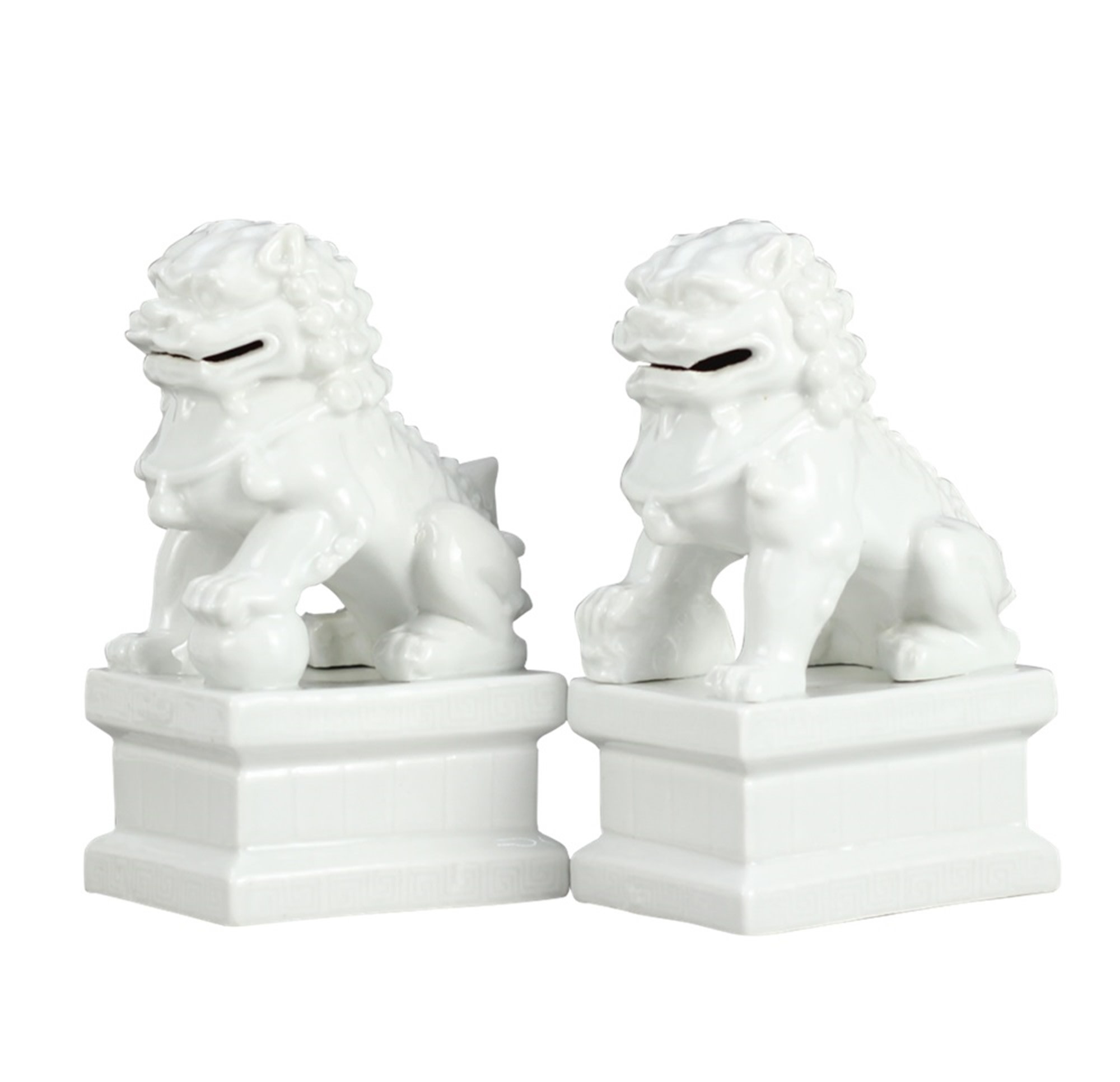 Chinese Foo Dogs Temple Guardian Lions Porcelain White Set/2 Handmade ...