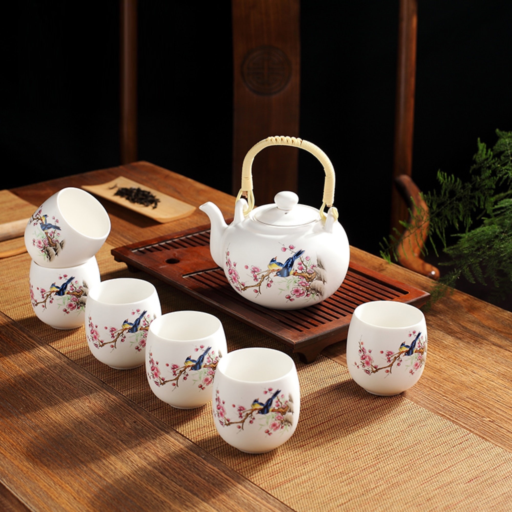 Chinese Tea Set/7 Porcelain Hand-Painted Pink Cherry Blossoms ...