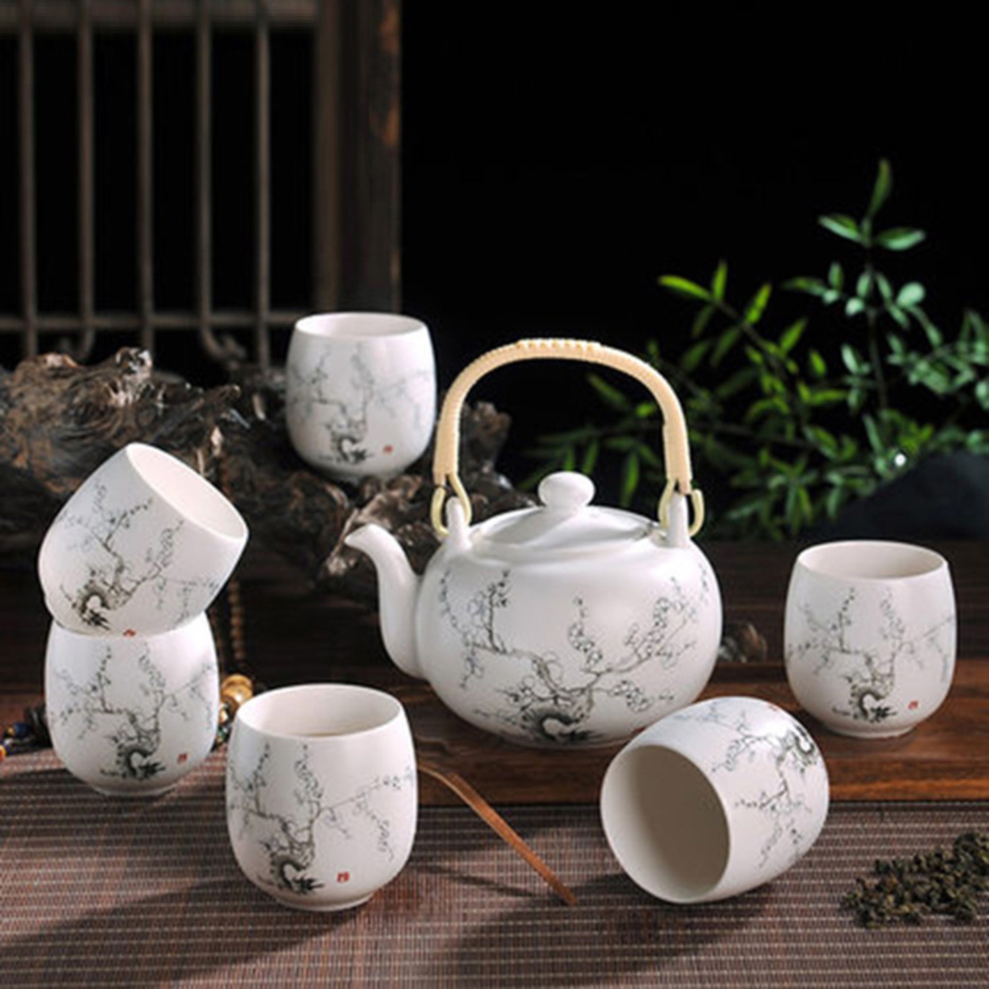 Chinese Tea Set/7 Porcelain Hand-Painted White Cherry Blossoms ...