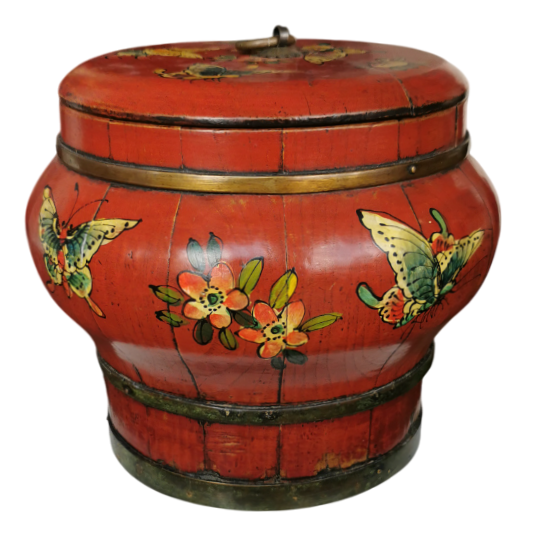 Antique Chinese Wooden Handpainted Rice Container with Lid Red ...