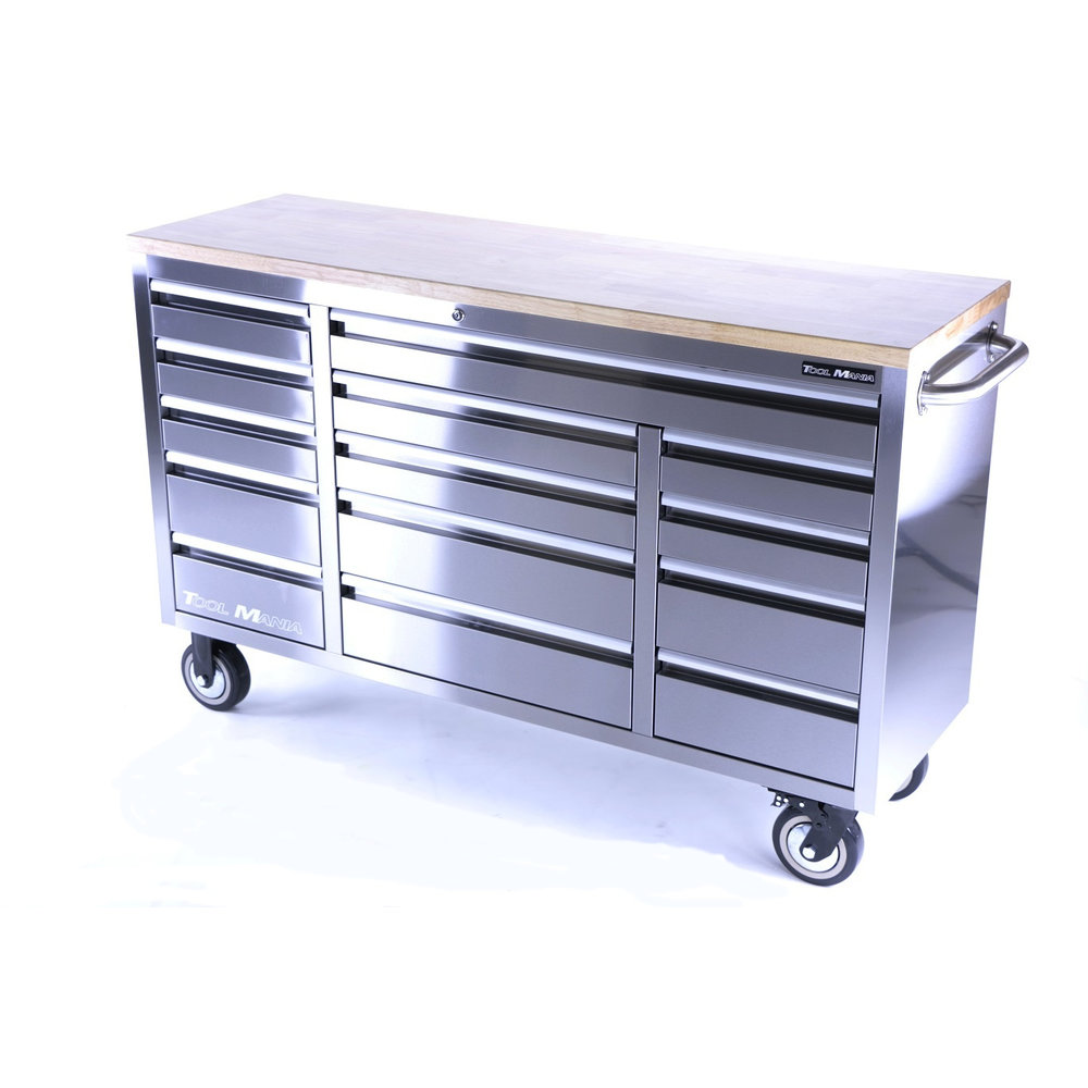 TM TM 161 cm Profi stainless steel tool trolley / workbench with wooden ...