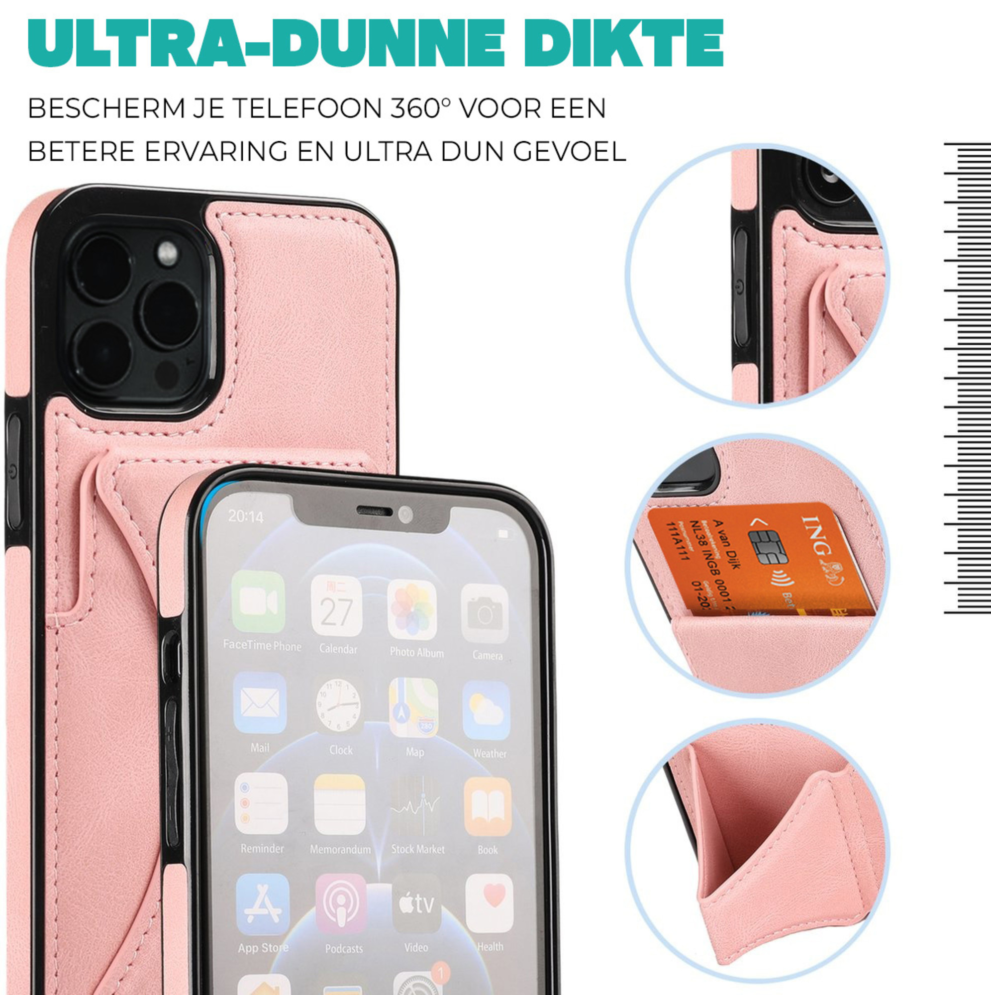 iPhone 13 Pro Max leren hoesje met standaard en pashouder (roze ...