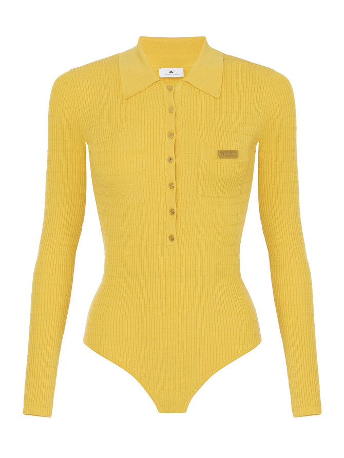 Elisabetta Franchi body lange mouw met goude knopen oker GEEL