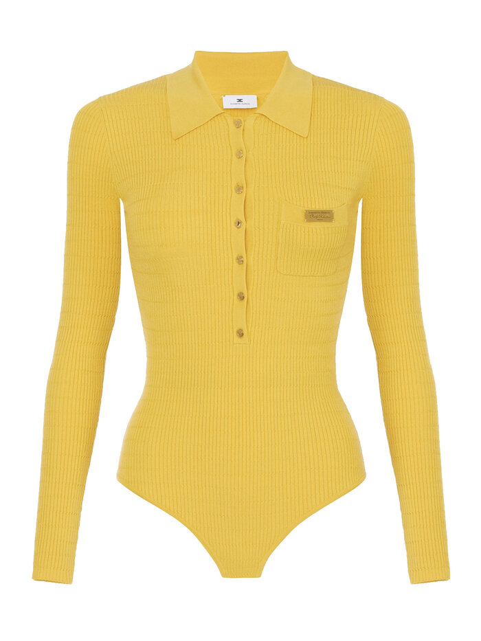 Elisabetta Franchi body lange mouw met goude knopen oker GEEL