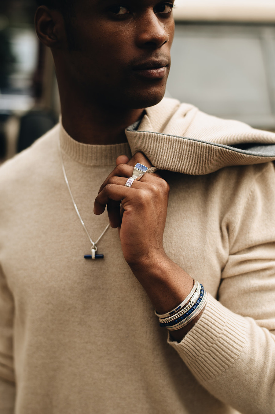 Silver Men's Cuff Bracelet With Blue Stone Abel - Taj Amsterdam