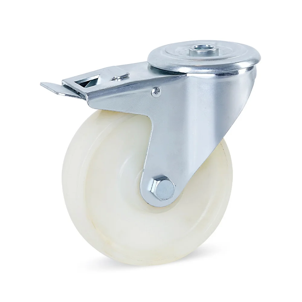 Nylon zwenkwiel geremd met centraal gat - 150mm - 350kg Nylon zwenkwiel geremd met centraal gat - 150mm - 350kg