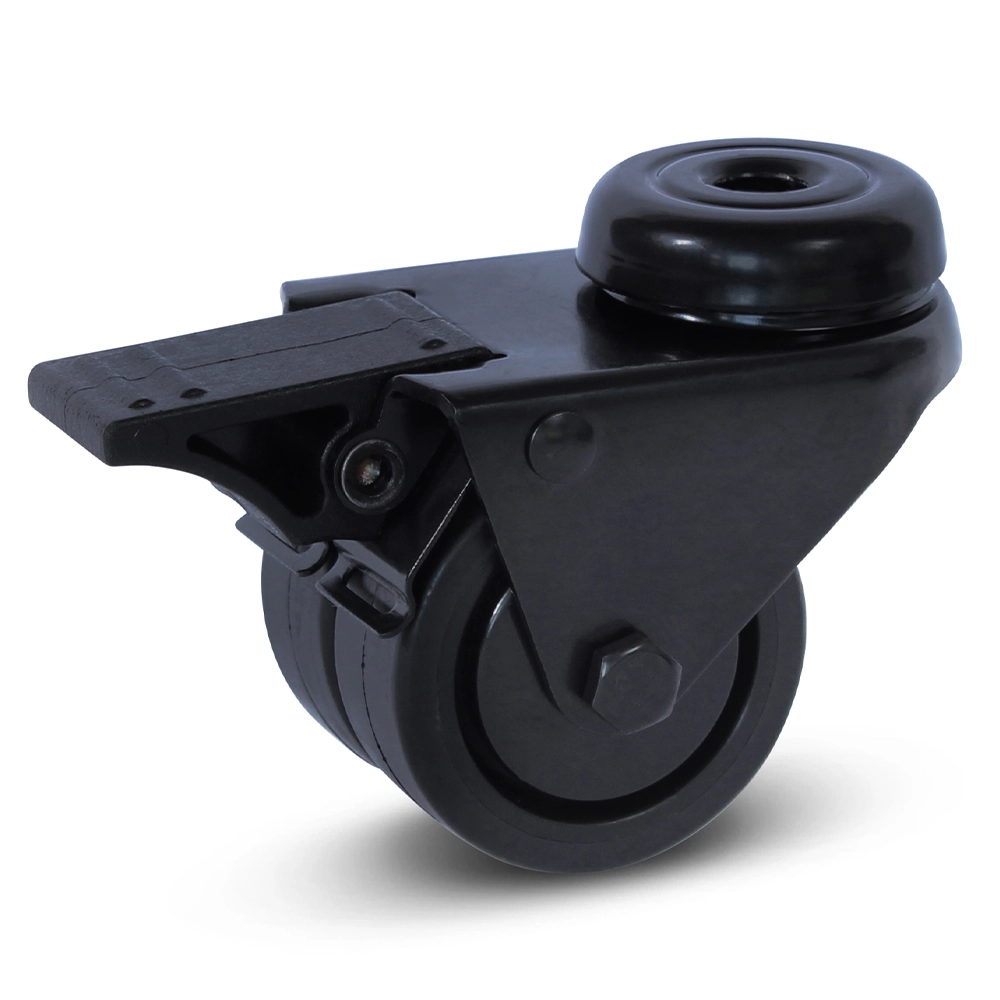 MESO Zwart dubbel zwenkwiel geremd met centraal gat - 50mm - 90kg MESO Zwart dubbel zwenkwiel geremd met centraal gat - 50mm - 90kg