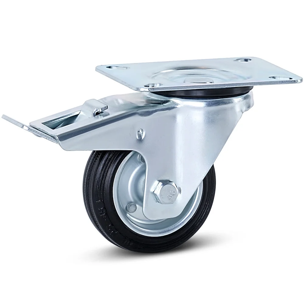 Reukloos rubber zwenkwiel geremd met topplaat - 80mm - 60kg