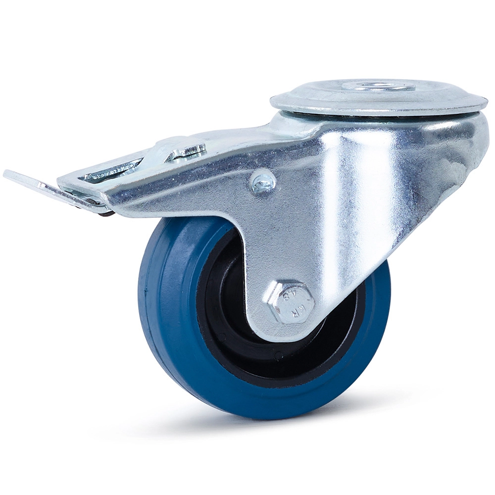 Blue elastic rubber swivel castor braked with central hole - 80mm ...