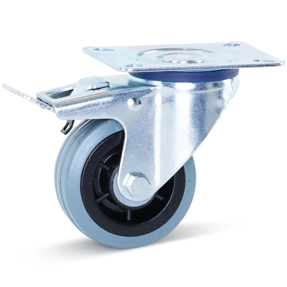 Rueda giratoria de goma gris con freno y placa superior - 80mm ...