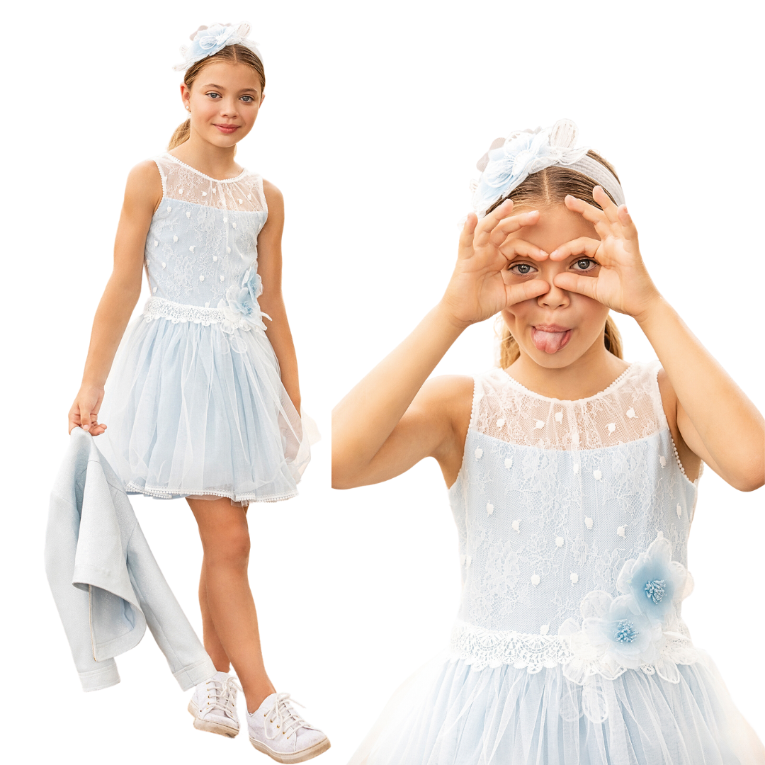 Linea Raffaelli lichtblauwe jurk met ecru