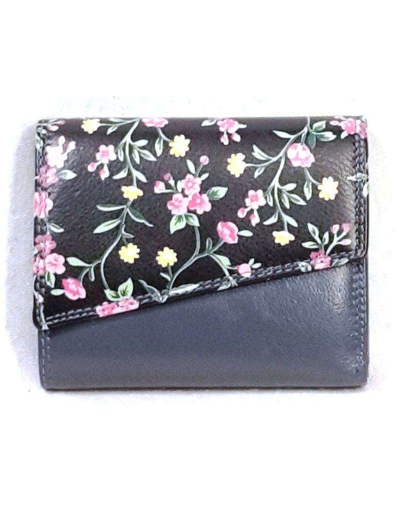Leather wallet with floral print on the cover in dark blue and black ...