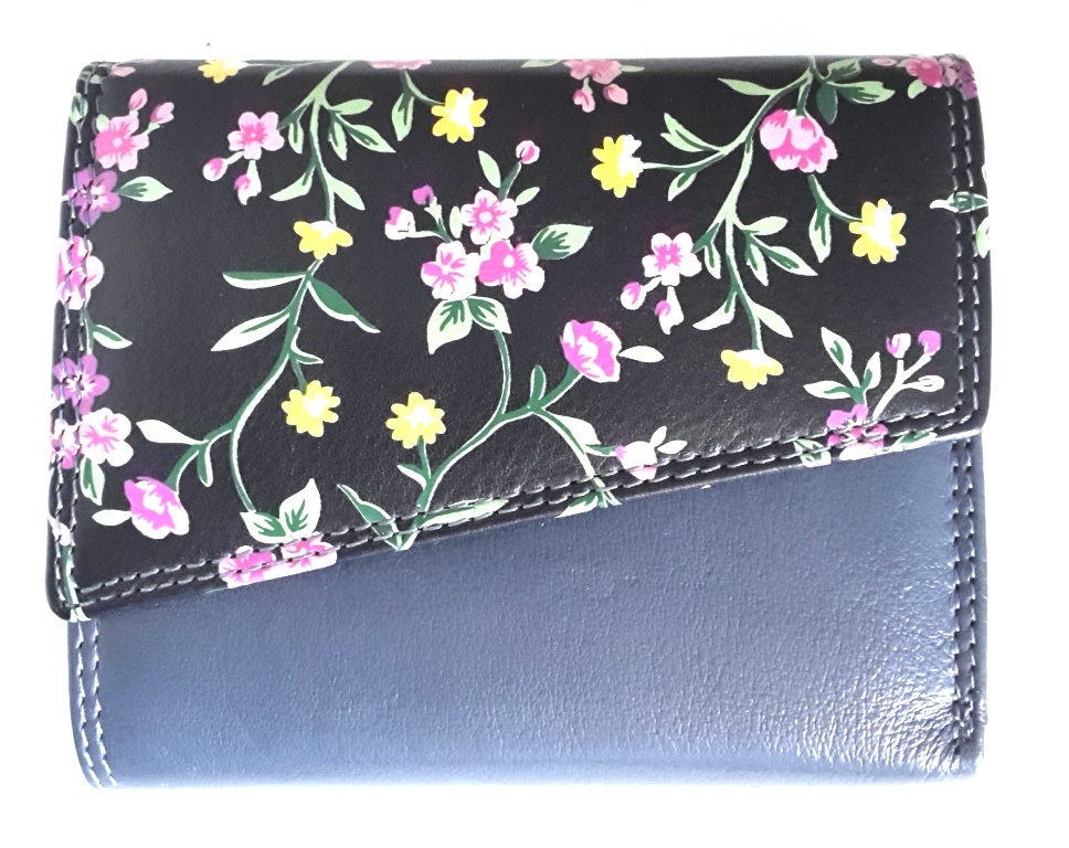 Leather wallet with floral print on the cover in dark blue and black ...