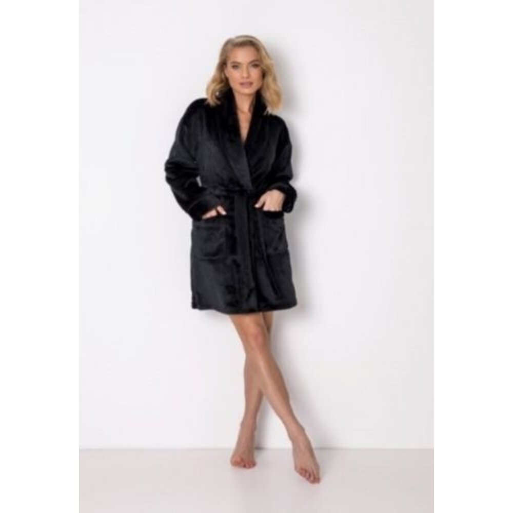 Korte damesbadjas zwart met kroon borduring - fleece - Badjas.com