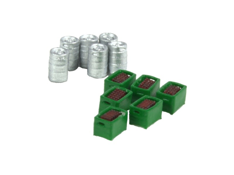 6 beer barrels and 6 green boxes with brown bottles (212.45) - Dombrug ...