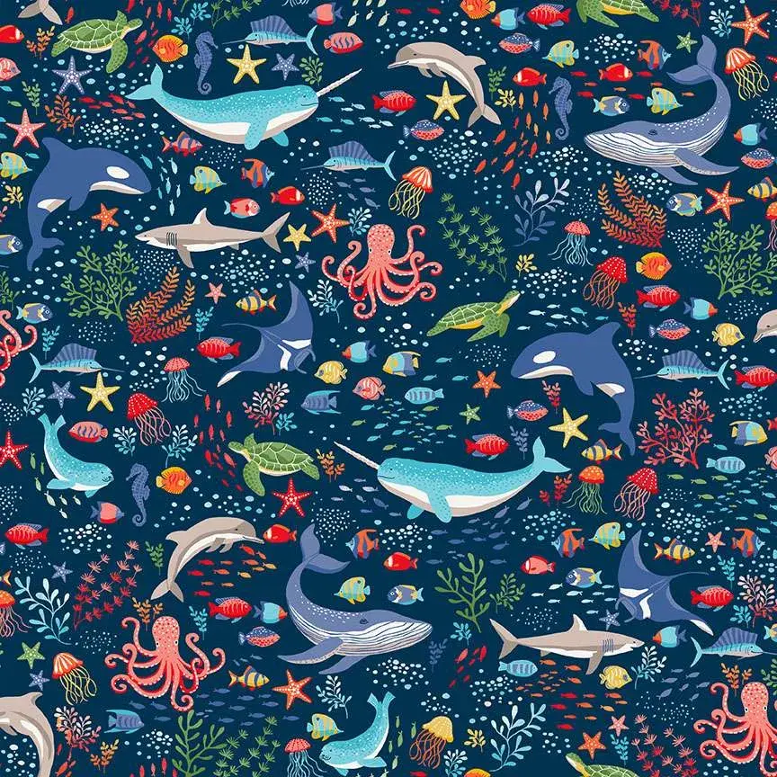 Makower UK - Deep Blue Sea - Creatures Dark Blue - 137-B8 - Nanno Creative