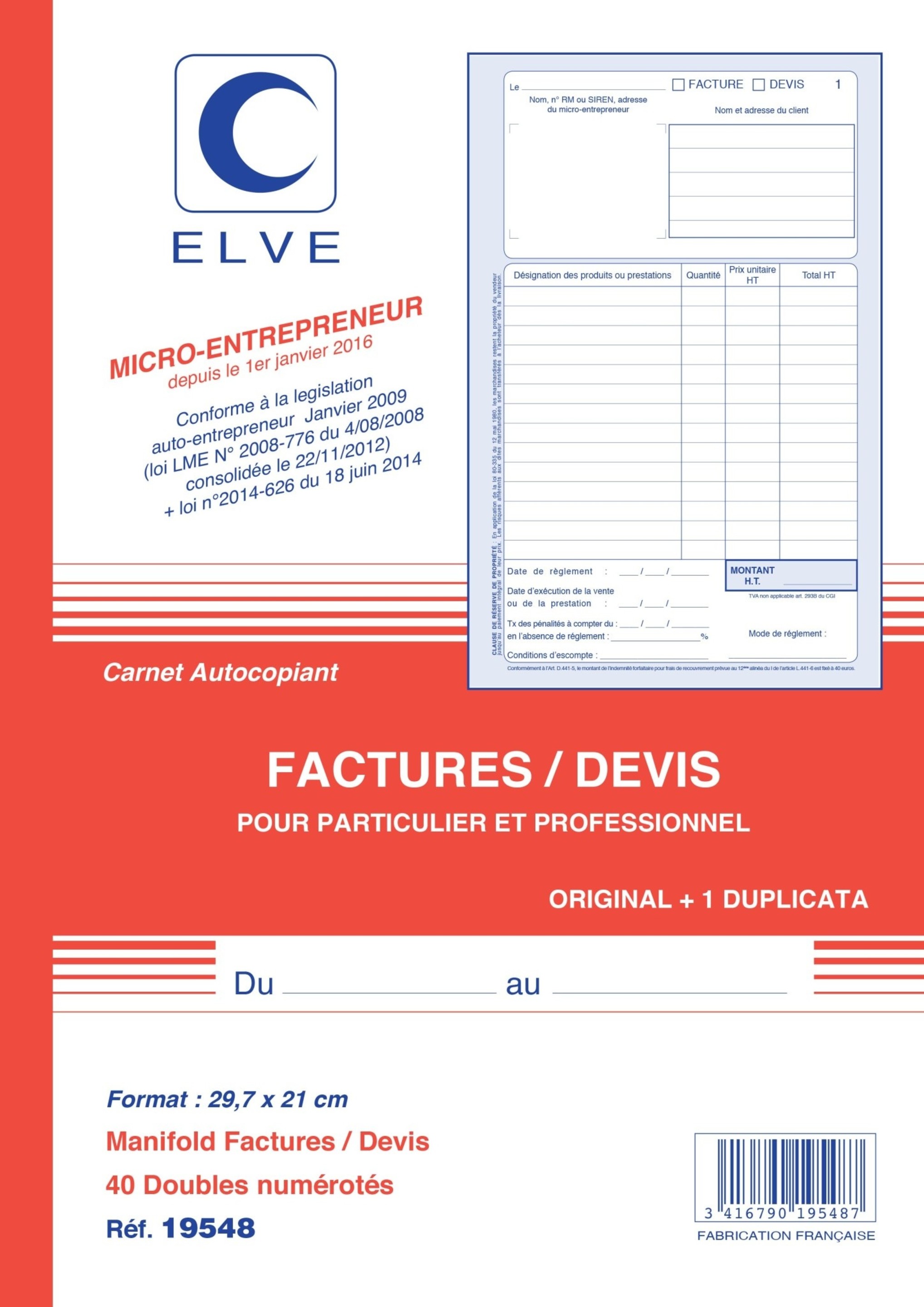 CARNET 'FACTURES/DEVIS' AUTO ENTREPRENEURS 297X210 40/2 - Papeterie Michel
