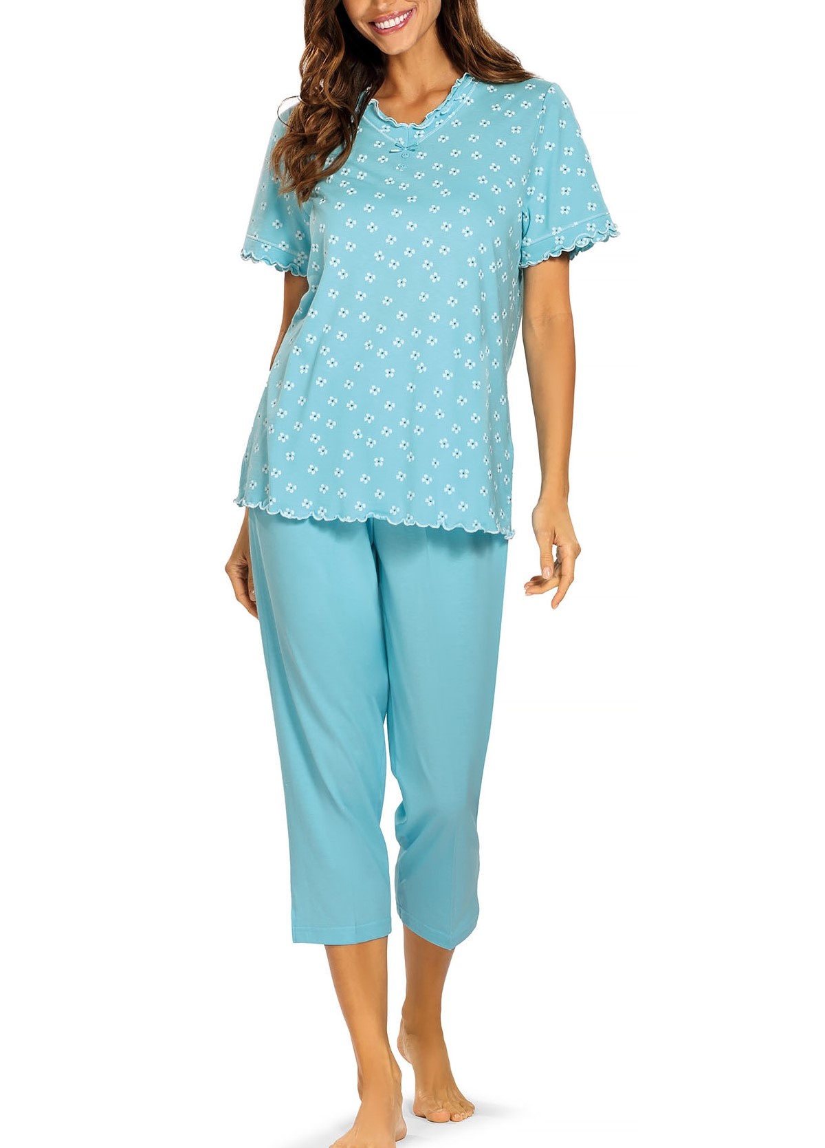 Dames pyjama katoen 7/8 broek - aqua blauw - Kosmeyer.nl