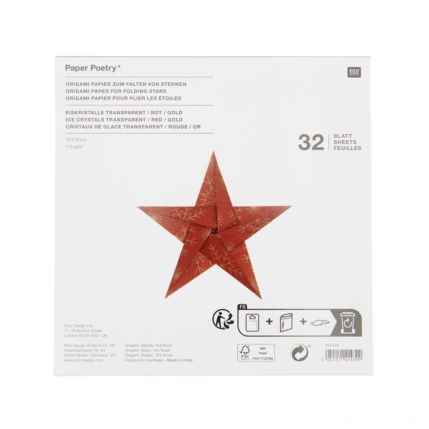 Origami 15x15 cm transparant ijskristallen Rood Goud 32 vel - Art en Hobby