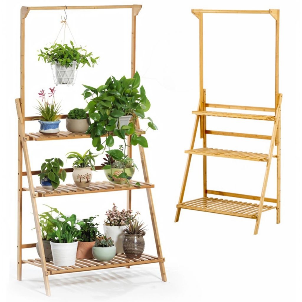 Plant rack with 3 shelves + hanging rail - Water resistant - Bamboo ...