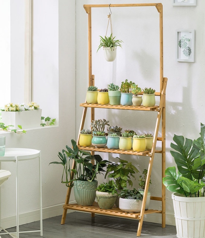 Plant rack with 3 shelves + hanging rail - Water resistant - Bamboo ...