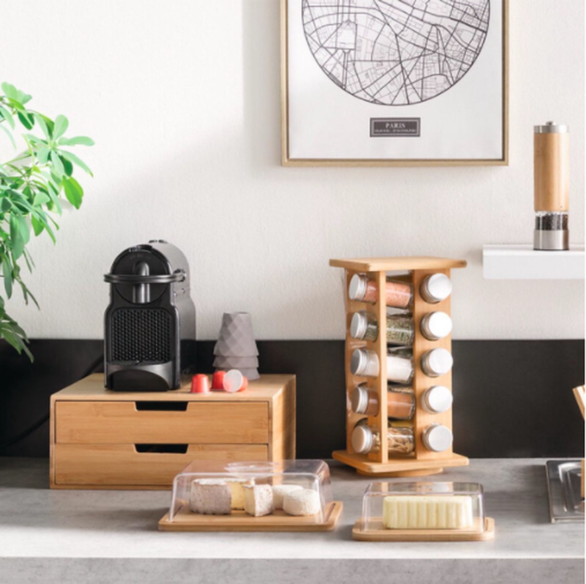 Bamboo Elegant Set Cheese Board with Dome and Cheese Box Storage Compa ...