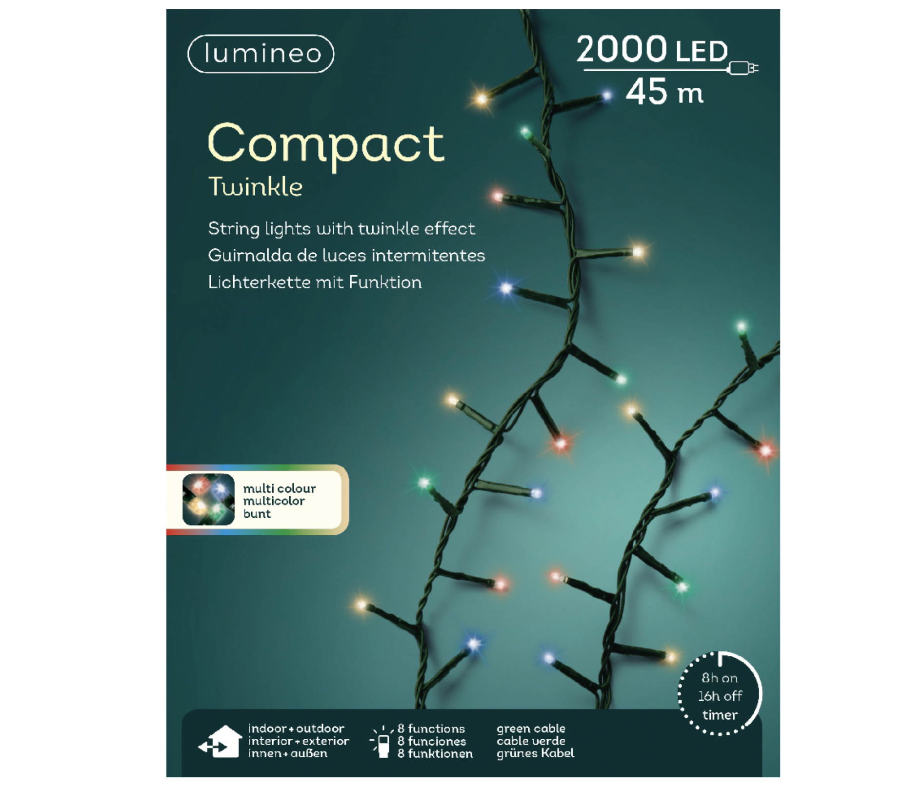 Multi Coloured 2000 LED Compact Twinkle Lights Green Cable Indoor ...