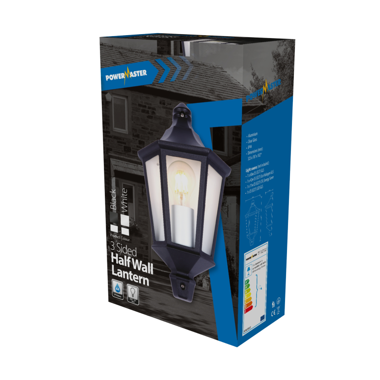 Powermaster 3 Side Half Wall Lantern Black IP44 - Clock’s Home and Garden
