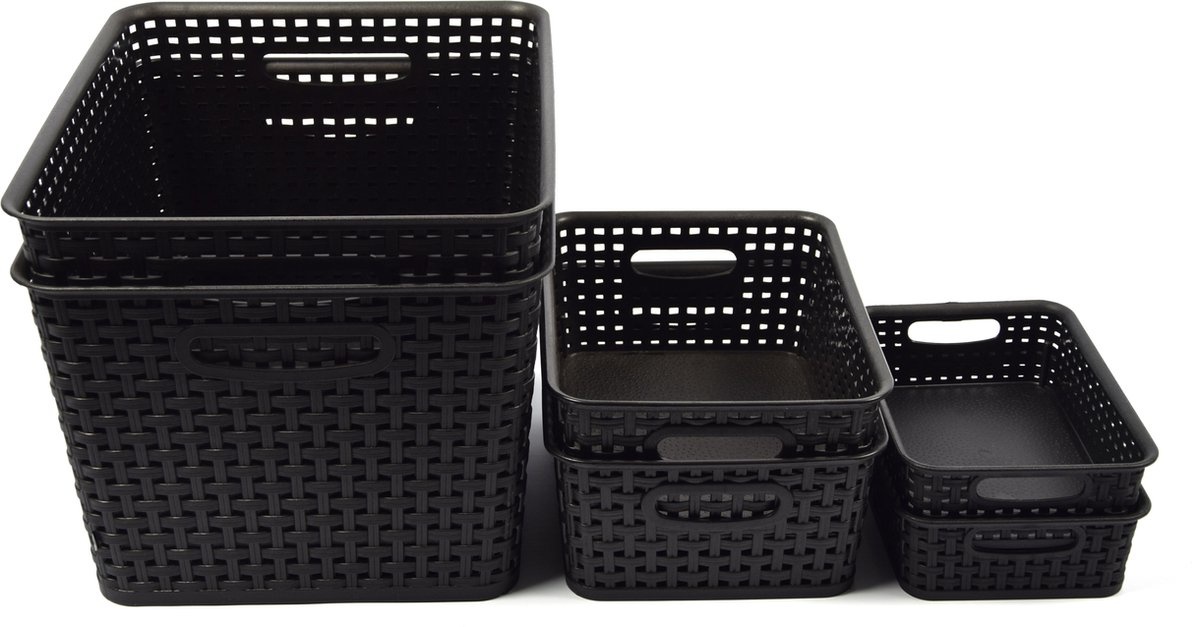 6-Pack Mix Black Plastic Woven Rattan Storage Basket Desktop Baskets ...