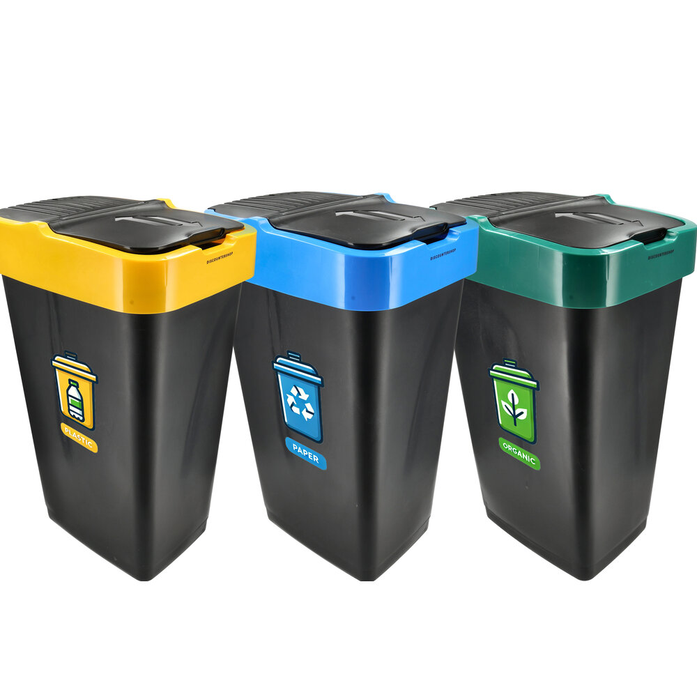 35L Garbage Waste Bin Set with Swing Lid – 3-Piece Waste Sorting Bins ...