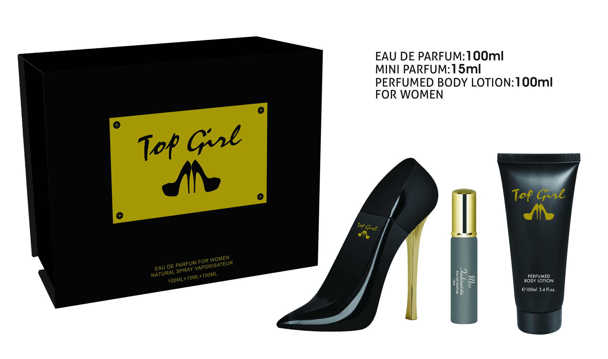 Top Girl black Giftset 100 ml EDP + 100 ml bodylotion 100 ml + 15 ml ...