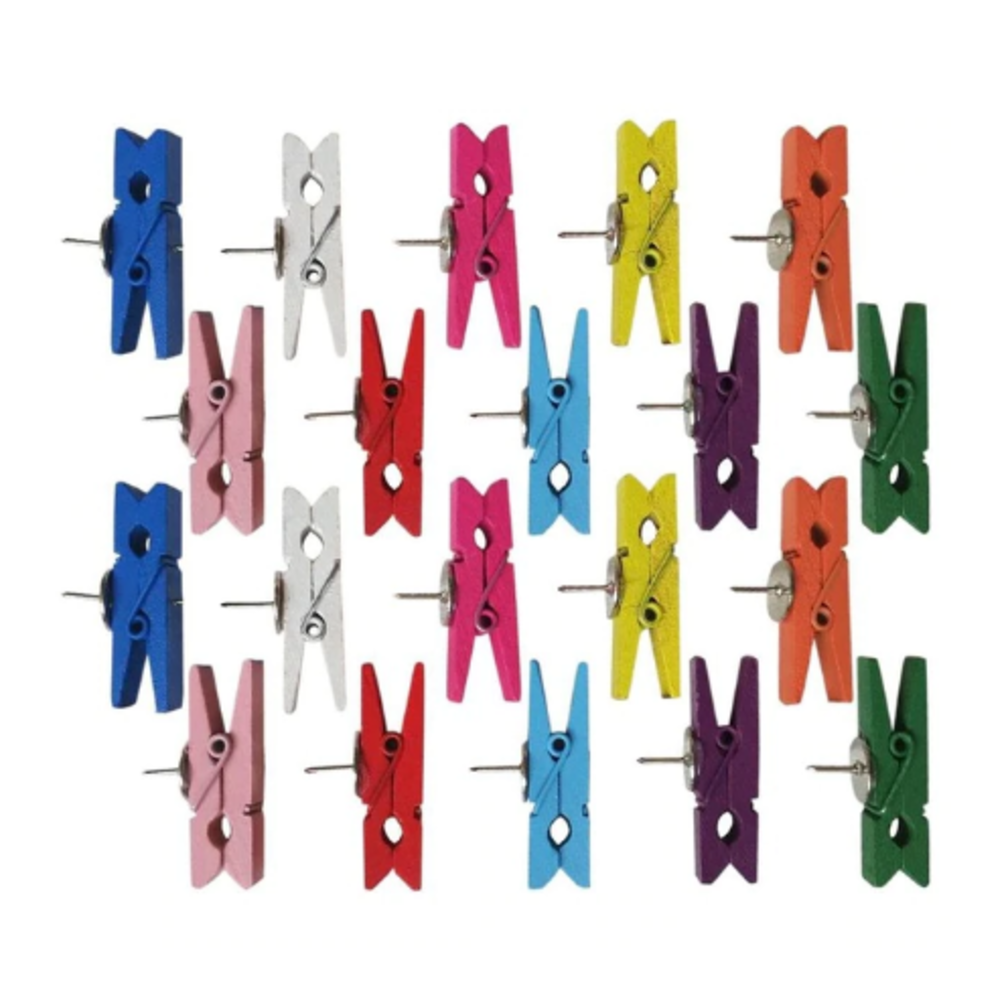 Gekleurde pushpin knijpers - hout - 20 stuks - Kurk24