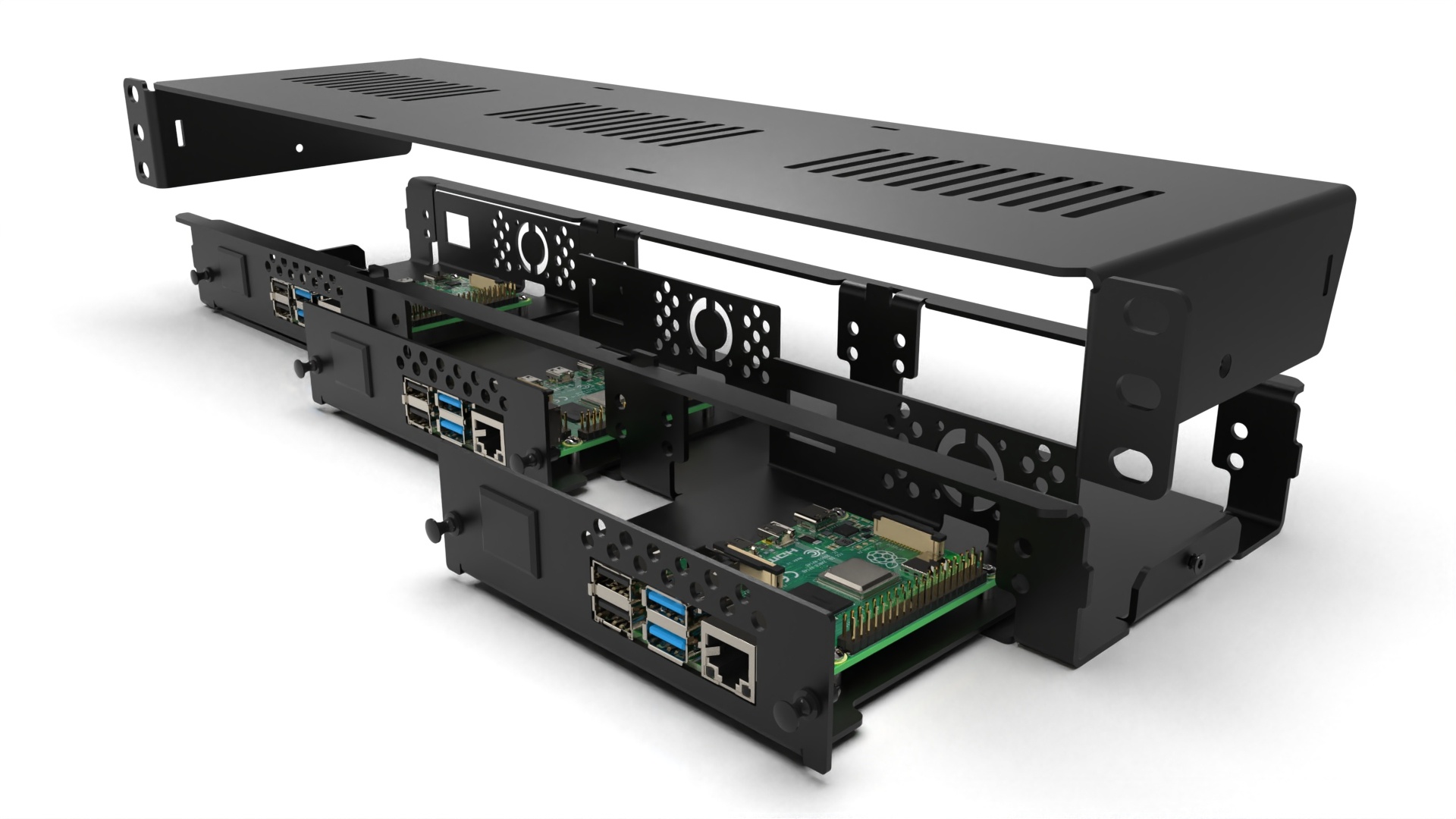 1U rack mount Pro Enclosed 3x Raspberry Pi - FRONT REMOVABLE - MyElectronics
