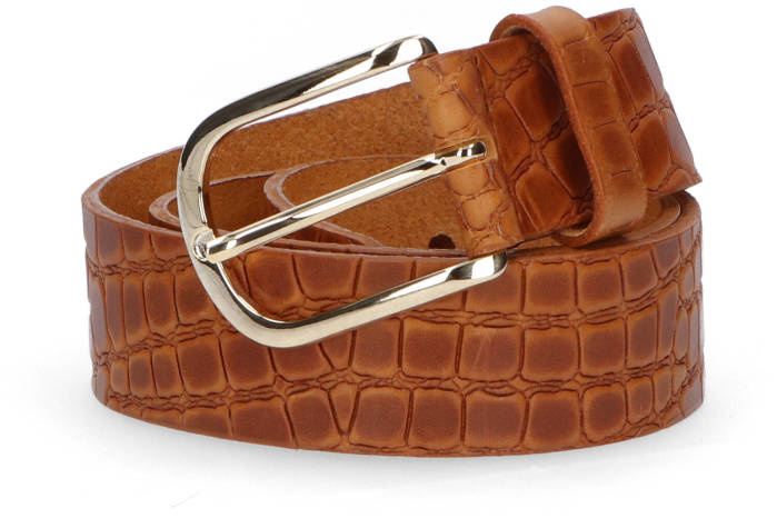 Ceintuur Croco Print Cognac Gouden Gesp - The Frog Fashion