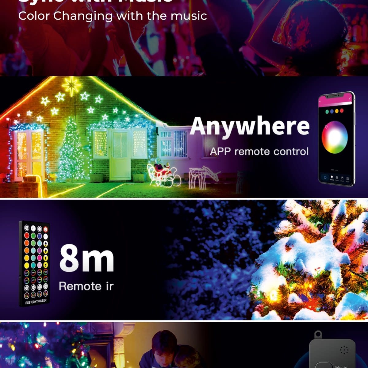 Smart RGB Fairy Lights with 5 Meters length 50 LEDs WiFi+BLE+IR Remote ...