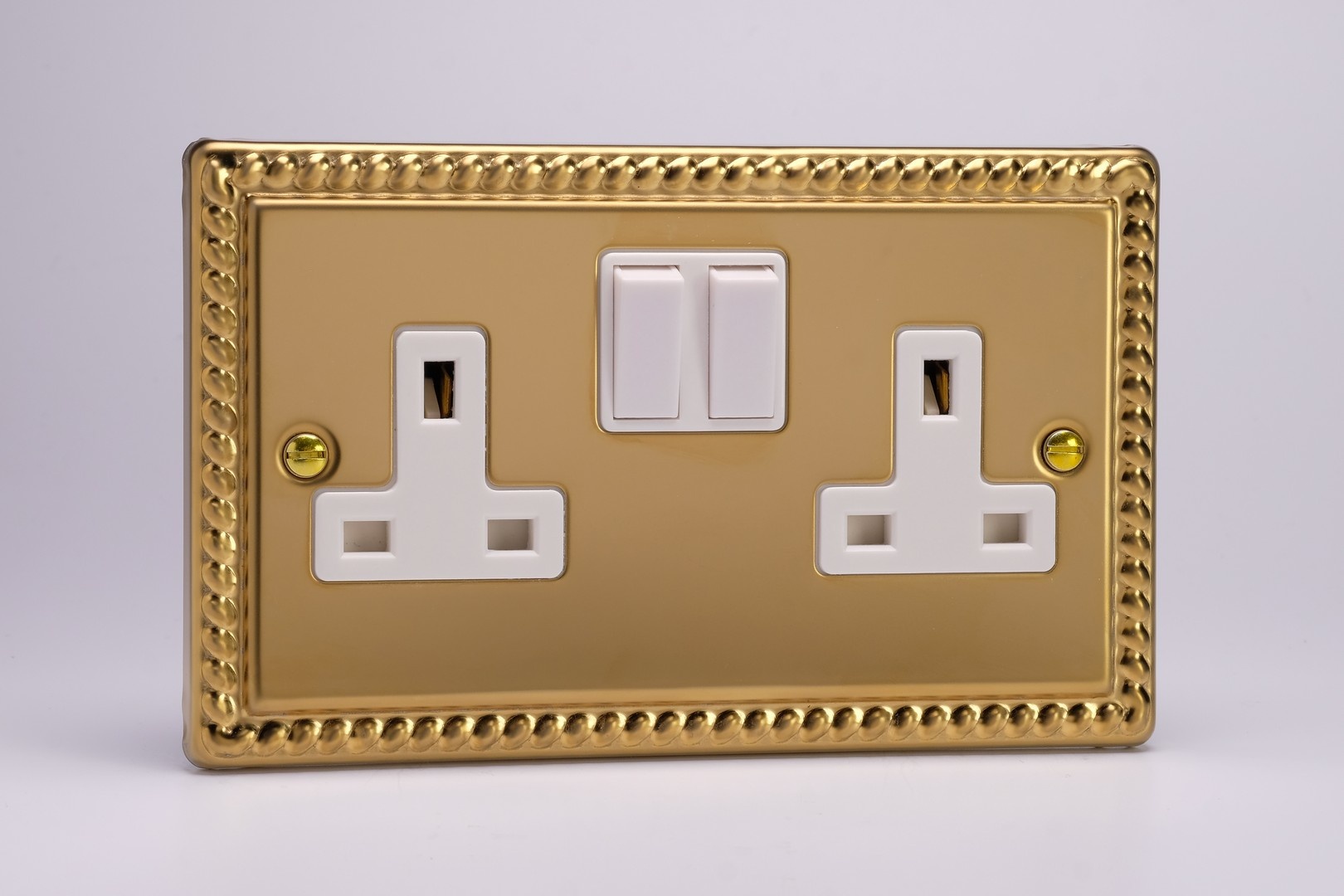 Varilight Classic 2-Gang 13A Double Pole Switched Socket White Georgian Brass White Inserts ...