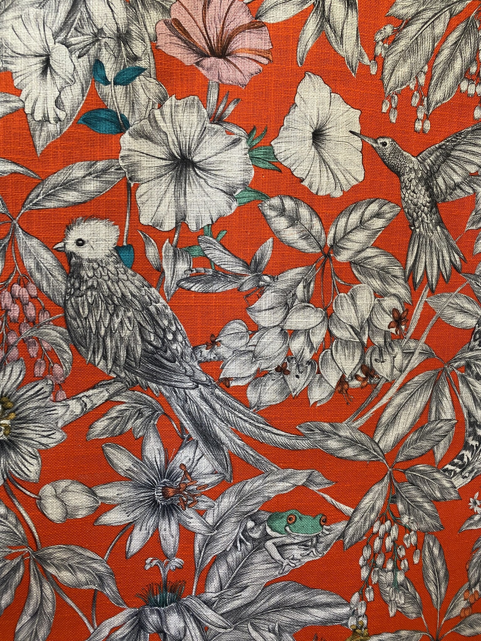 Tropical linen fabric bright orange background - Le Grenier du Lin