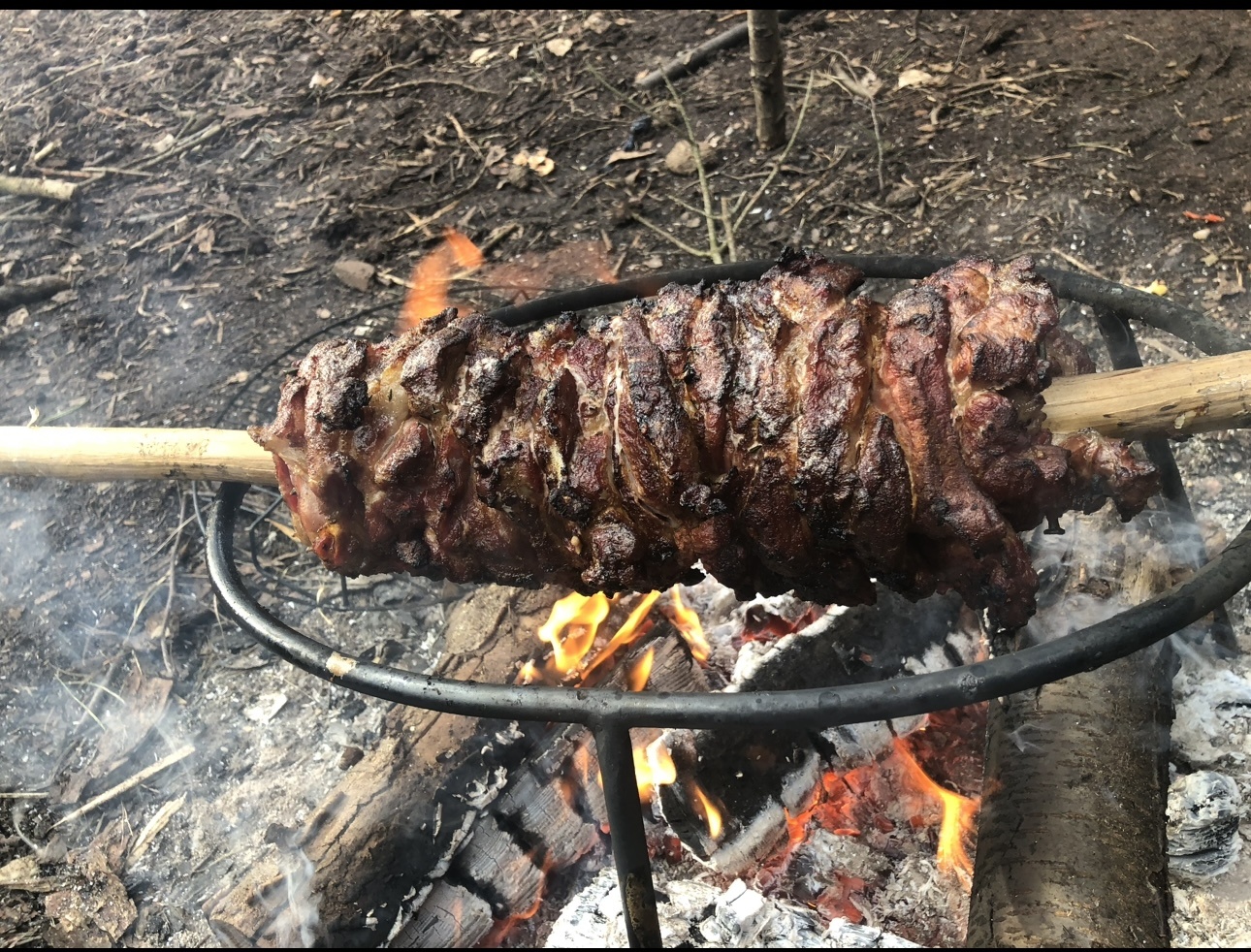 kipshoarma van het spit op houtvuur - Wilderness cooking