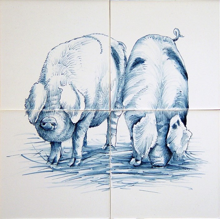 Frisiantiles Tile panel with pigs in blue - Frisian Tiles