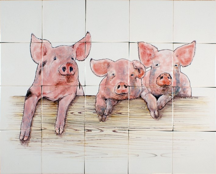 Frisiantiles Tile panel with three pigs colour - Frisian Tiles