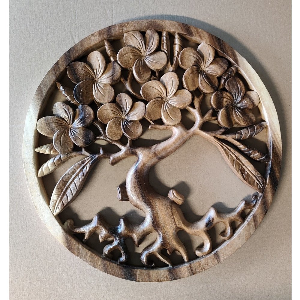 Wooden wall panel round Tree of Life with flowers 40cm - Eliassen Home ...