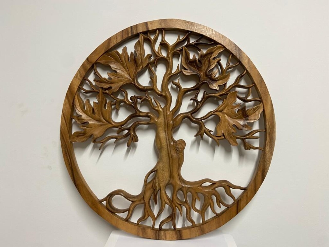 Wooden wall panel round Tree of Life with leaves 60cm - Eliassen Home ...