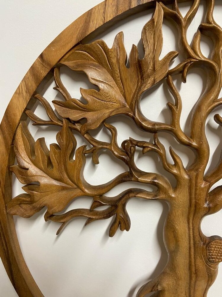 Wooden wall panel round Tree of Life with leaves 60cm - Eliassen Home ...