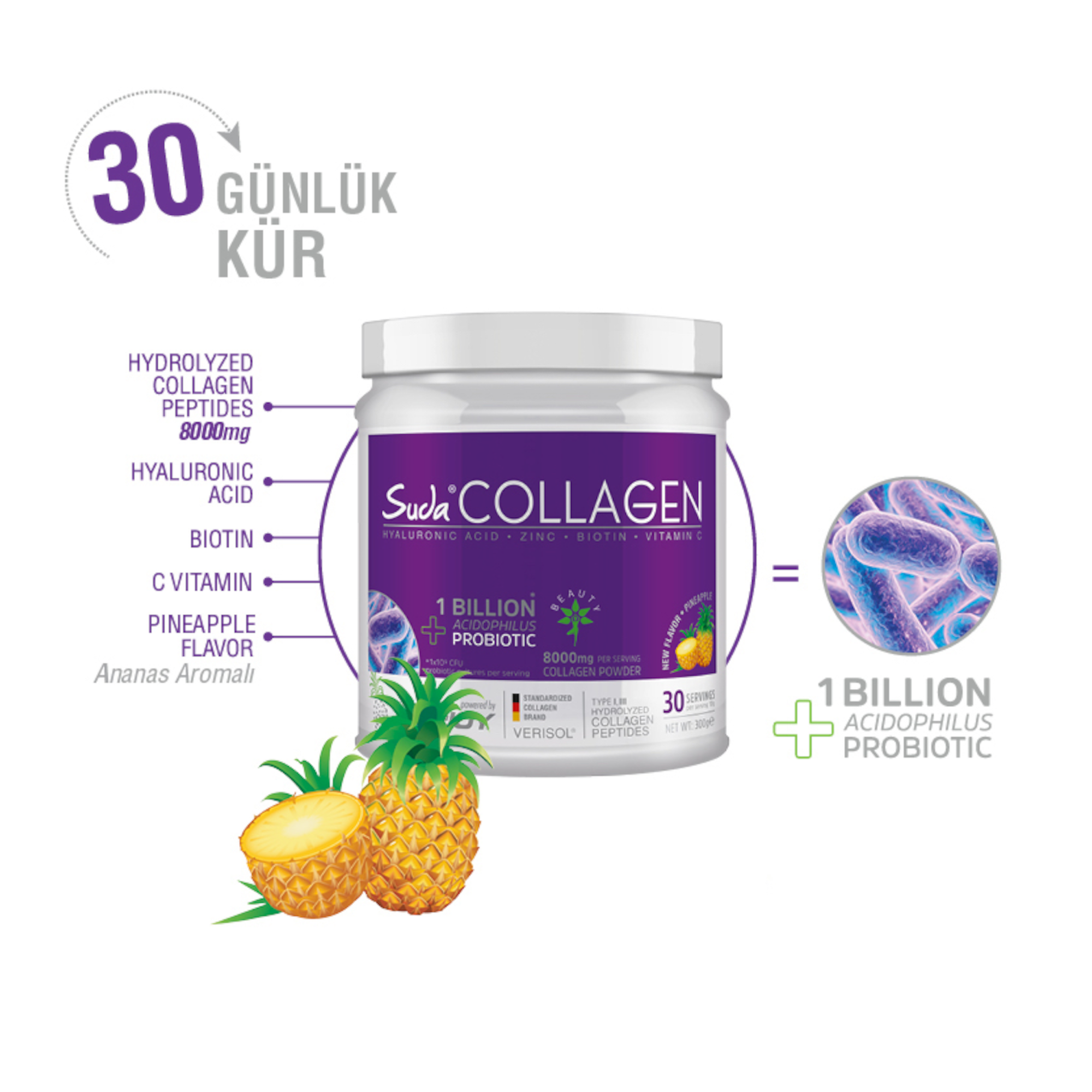 Suda Collagen + Probiotic Pineapple Flavor Powder 300g - HerbalDrogist.com