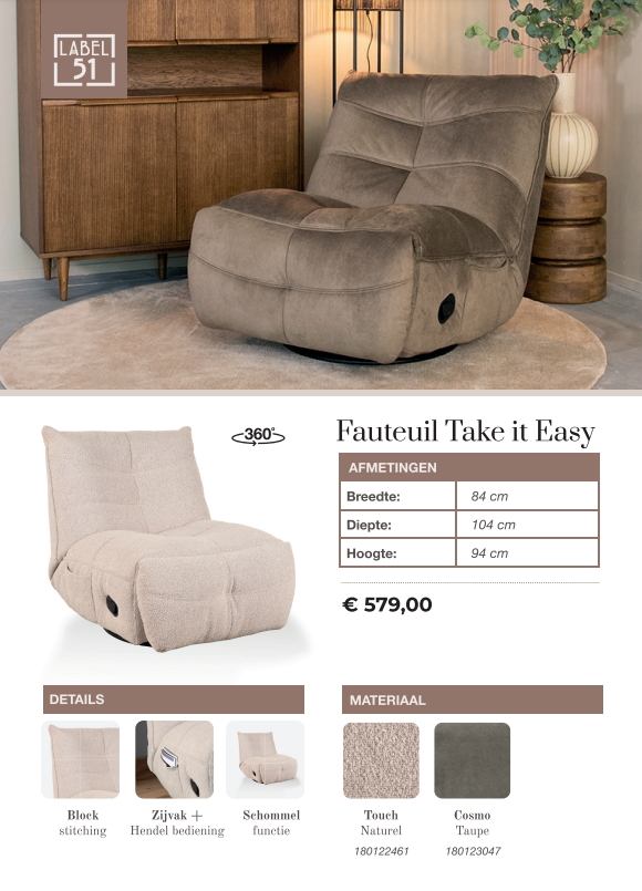Relaxfauteuil Take It Easy | Taupe Cosmo - Gratis bezorgd - Houten ...