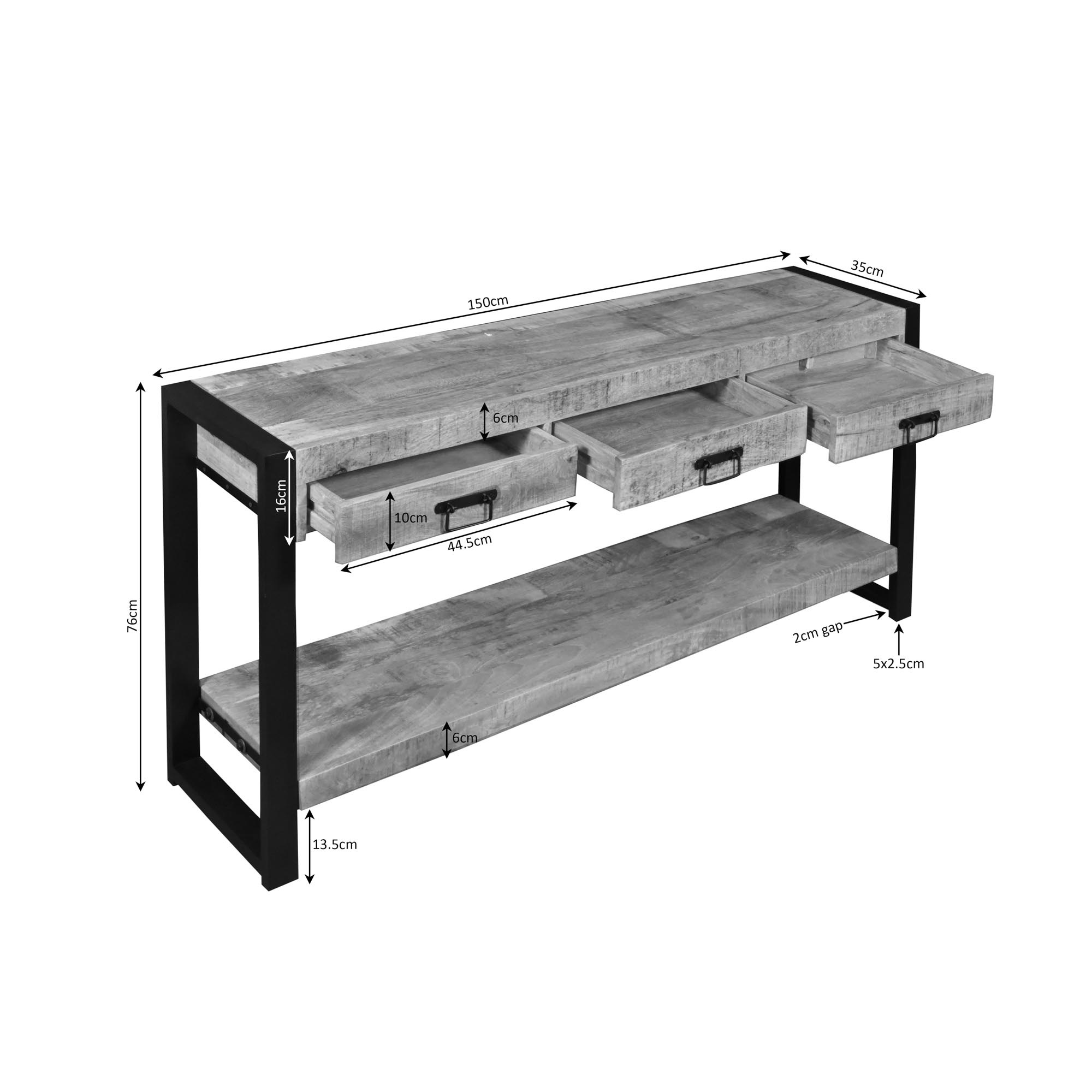 Sidetable Britt 150 cm | Mangohout & Metaal | 3 Lades - Houten Meubel ...