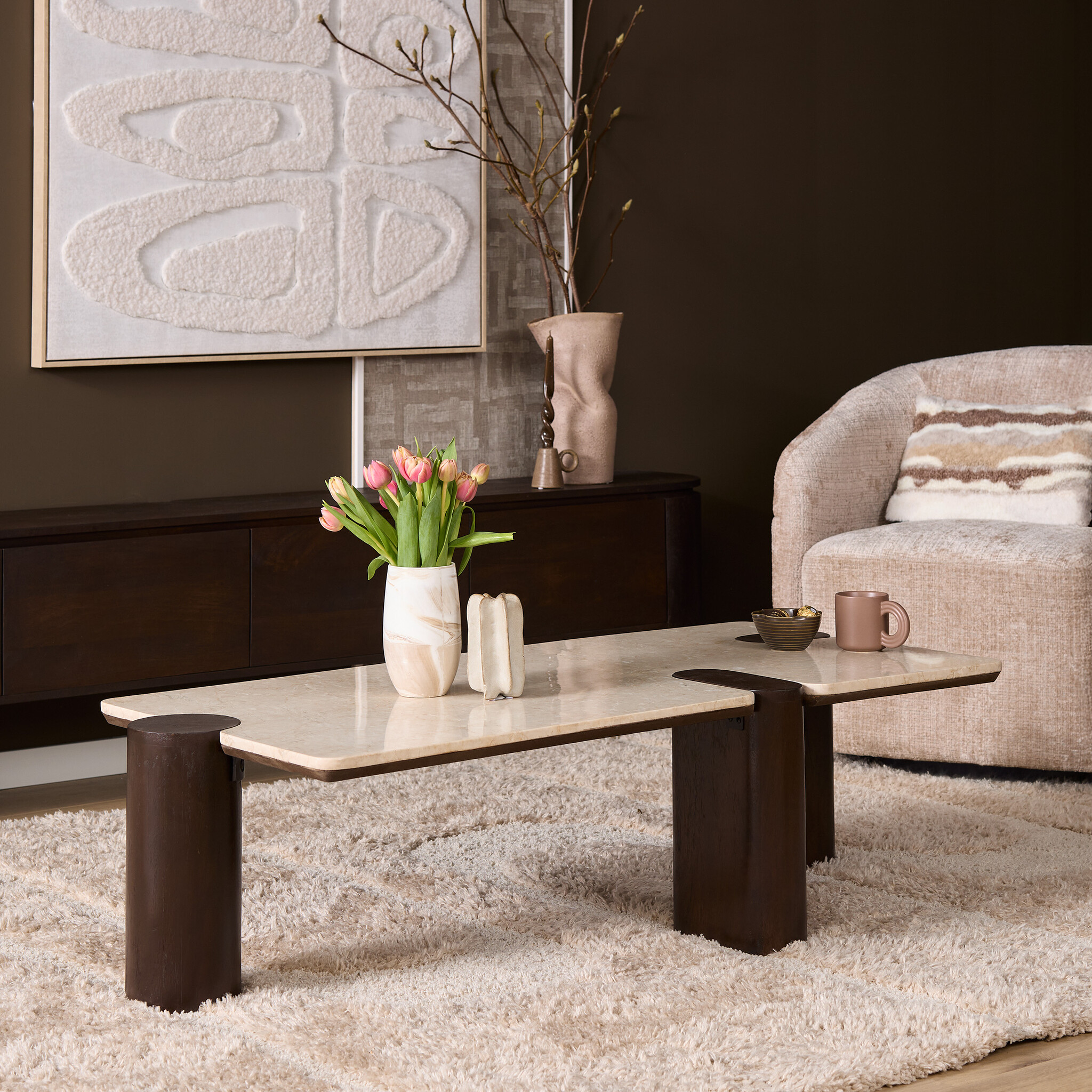 Salontafel Maeve 128 cm – marmer & mangohout bruin | Starfurn - Houten ...