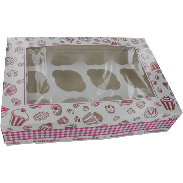 Cupcake doos - voor 12 stuks - 360x250x80mm - wit/roze - 100 stuks ...
