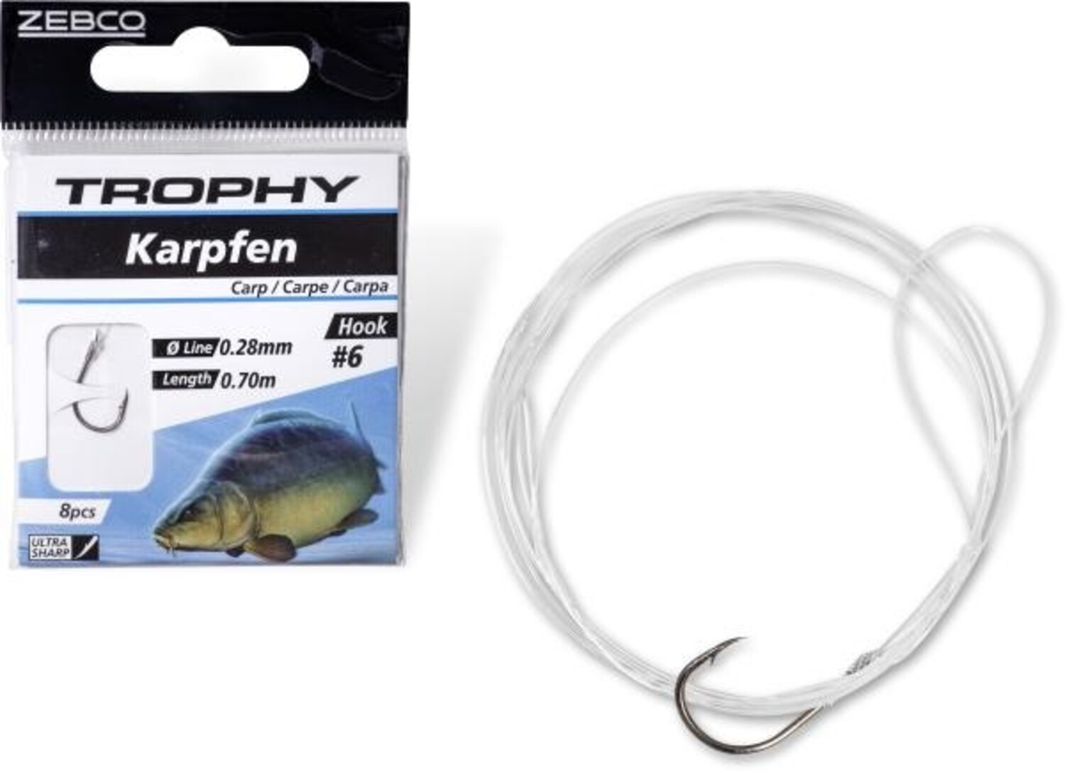 Zebco Trophy Carp Hook-to-Nylon 70cm (8 pcs) Hook Black - Reniers Fishing