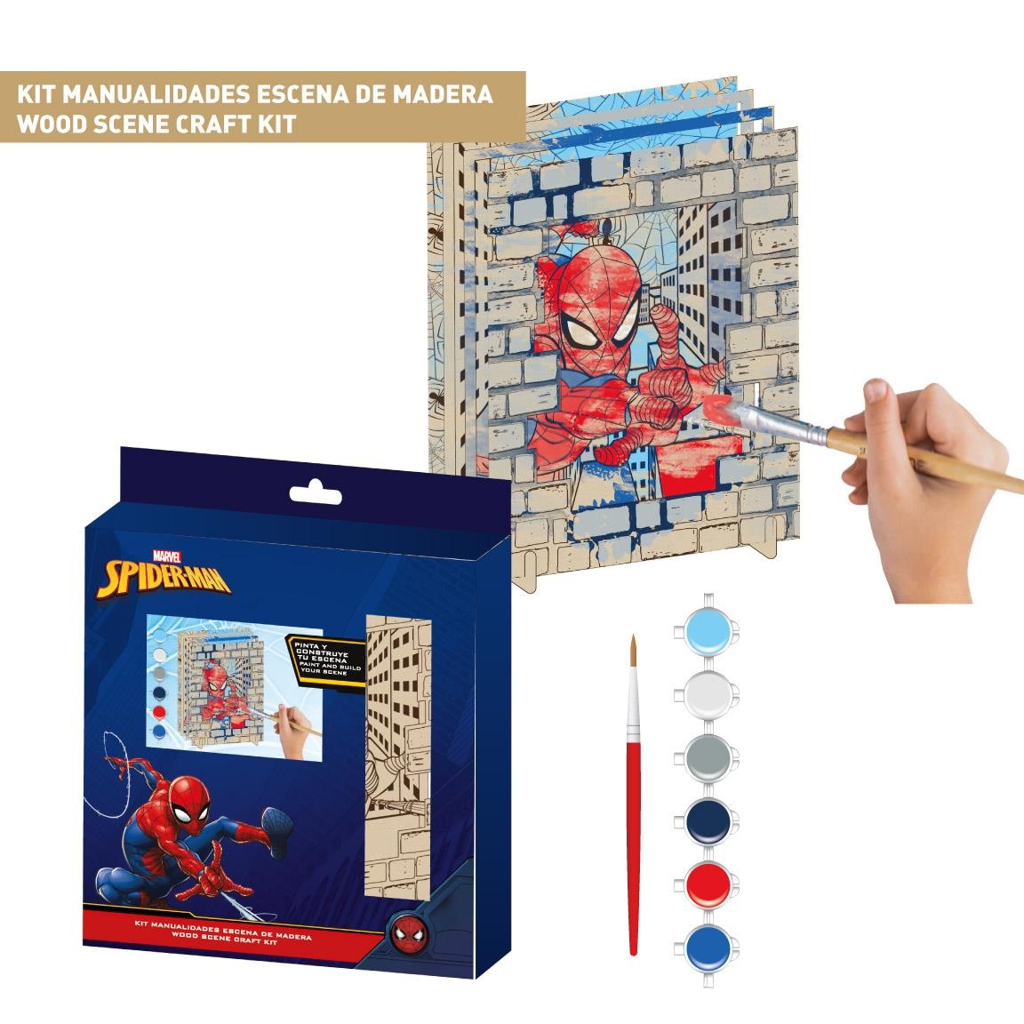 Spiderman 3D Craft Set – Wooden Painting Scene with Brush - Merchandise4All